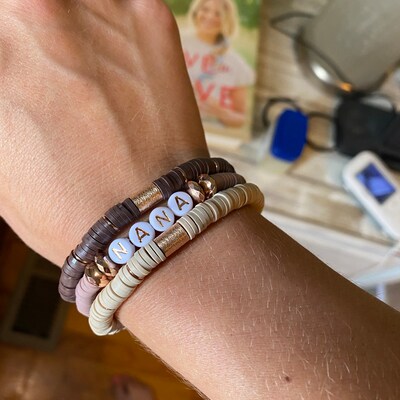 Brushed Gold Bar Bracelet Stackable Bracelet 6mm Heishi Beads Mothers Day Gift Neutral Bracelet ...