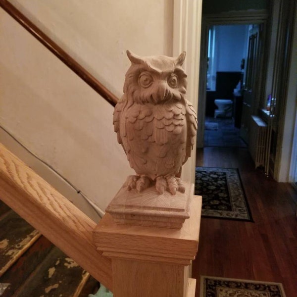 Owl Wood Carving 10", Carved Wood Owl, Owl Wooden Finial for Staircase ...
