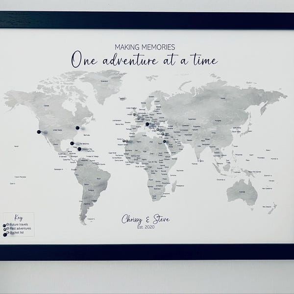 Custom Grayscale Monochrome Push Pin World Map, Small Personalised ...