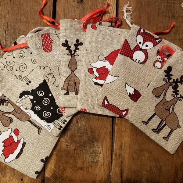 Drawstring Fox Bag: Christmas Gift Bag, Linen Fox Bag, Holiday Gift Bag ...