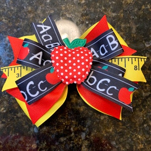 Back to School Bow Apple Bow With Ruler Ribbon ABC Apple Bow Yellow and ...