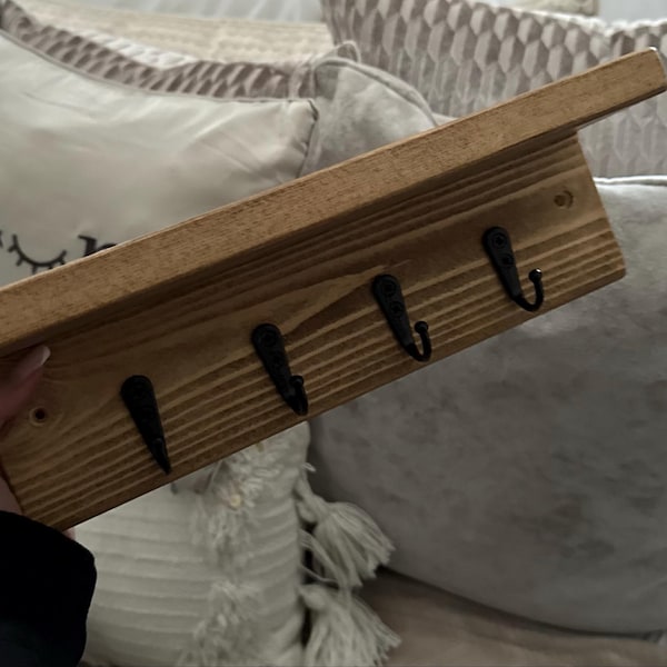 Dark Oak Waxed Wall Mounted Key Holder With Shelf “black Hooks” Key ...