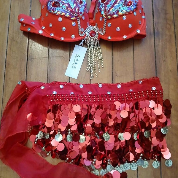 Samba Belly Dance Costume Free Shipping Hand Beaded Red Color Bra And