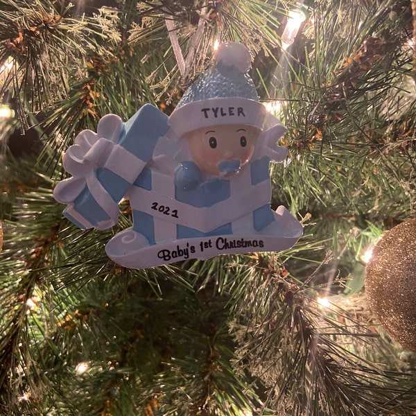 Personalized Baby in Present First Christmas Ornament - Blue - Etsy
