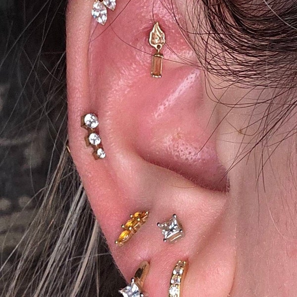 14K Solid Gold Natural Opal Sun Shape Stud/half Sun Cartilage Helix ...