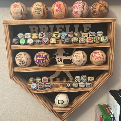 Rustic Baseball and Ring Display Holds 22 Rings/medals and 11 Baseballs ...