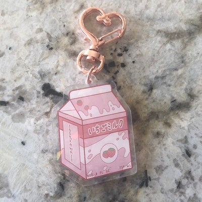 Strawberry Milk Kawaii Pastel Holographic Anime Drink Acrylic Keychain ...
