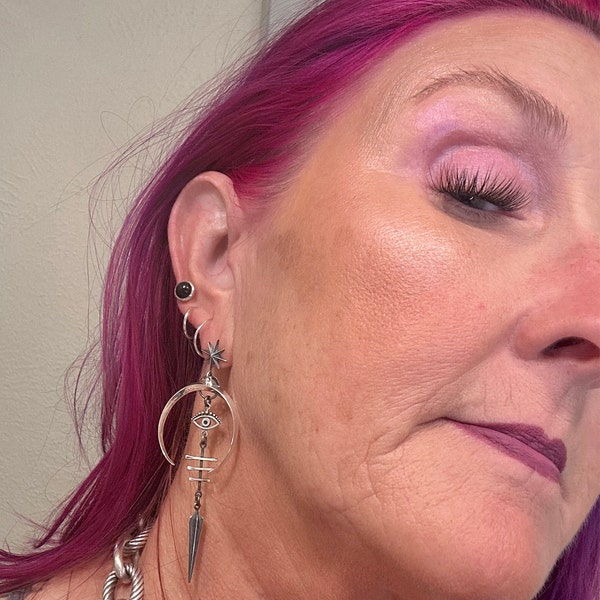 Sterling Silver All Seeing Eye Hoop Earrings With Double Crescent Moons ...