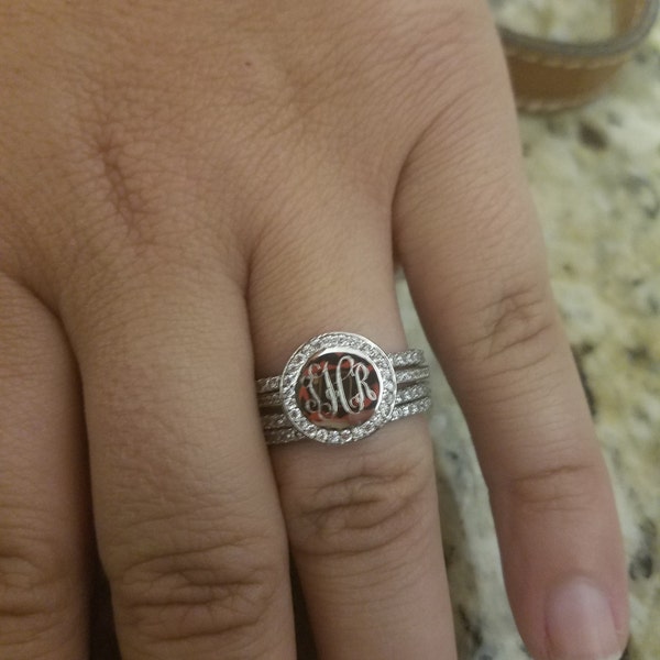 Monogram Stacking Ring Personalized, Monogrammed Sterling Silver Ring CZ, Signet Ring Silver ...