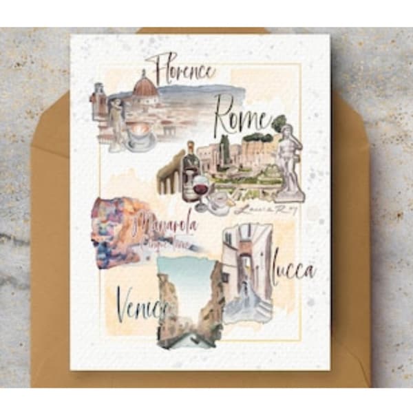 Italy Travel Card With Personalized Message - Watercolor Florence, Rome ...