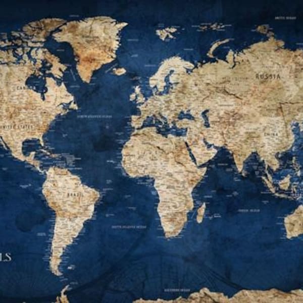 Navy Blue Detailed Vintage World Map Canvas Print, Extra Large Multi ...