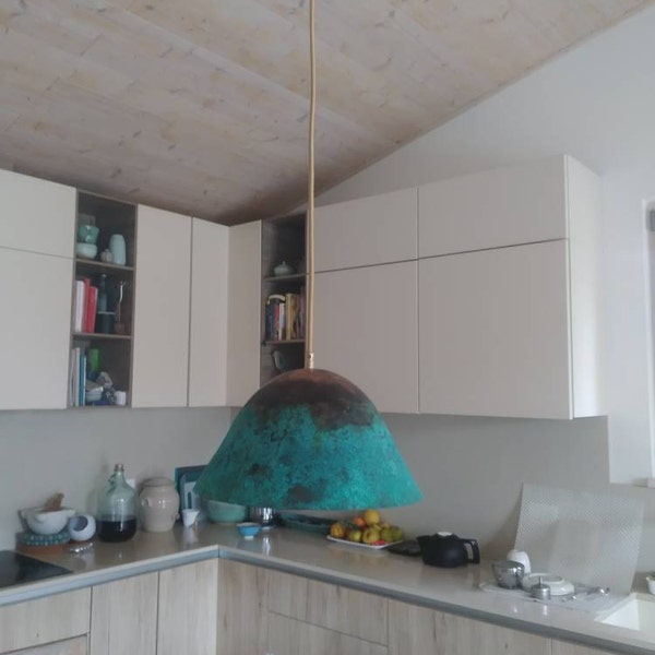Set of 3 Oxidized Copper Pendant Lights, Handmade Green Patina ...