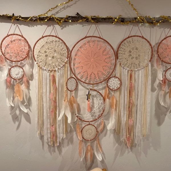 Dream Catcher Set of Moon and Stars Pink Bean Pods Bedside, Large Dream ...