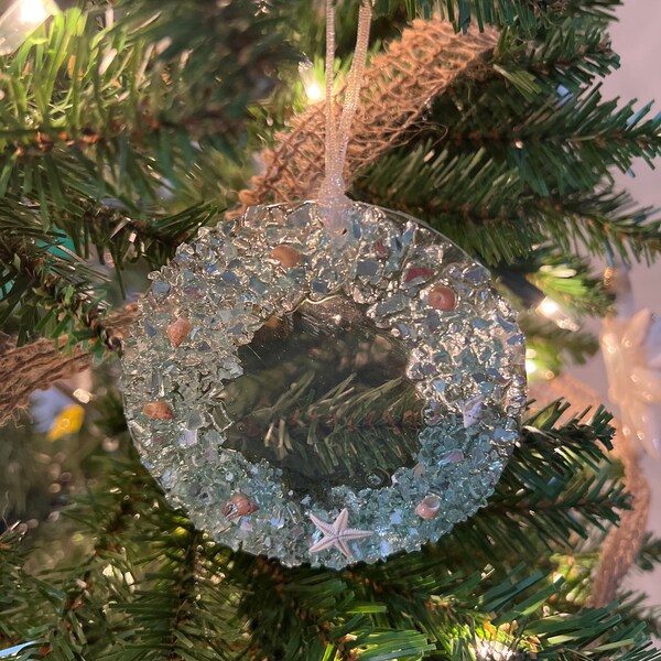 Coastal Christmas Ornament- Aqua Wreath With Shells and Real Starfish ...
