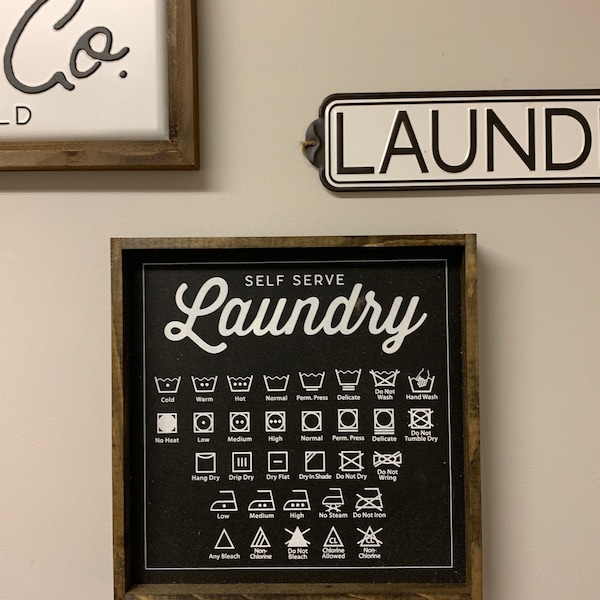 Self Serve Laundry Symbols Framed Wood Sign | Laundry Symbols Chart ...