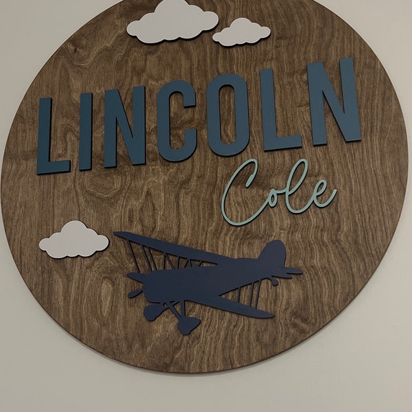 Airplane Nursery Name Sign, Round Name Sign, Airplane Nursery, Boy Name ...
