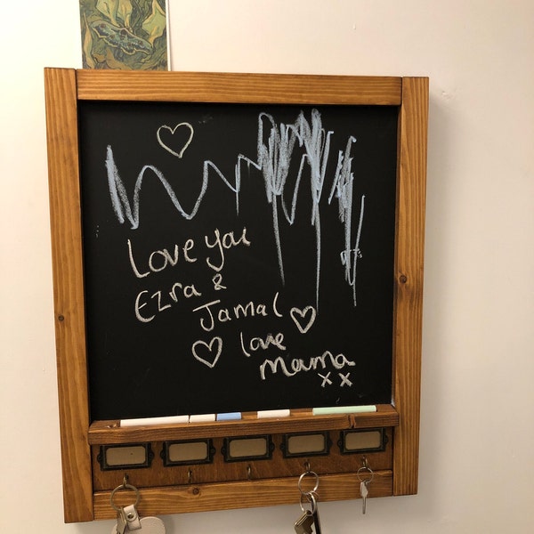 Personalised Chalkboard With Key Hooks - Solid Wood Frame in Dark ...