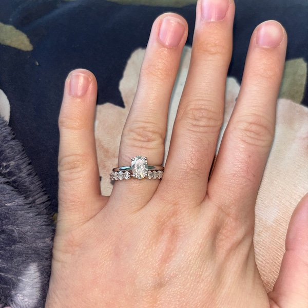 Unique Moissanite Notched Wedding Band Women Oval Cut Half Eternity ...