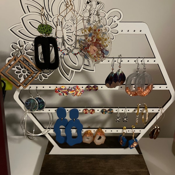 Wood Earring Holder Stand | Floral Hexagon Laser Earring Display ...