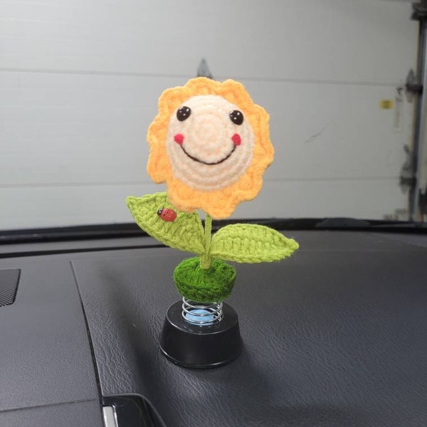 Crochet Smiley Sun & Star Flower Car Accessories, Car Plant Bobblehead ...