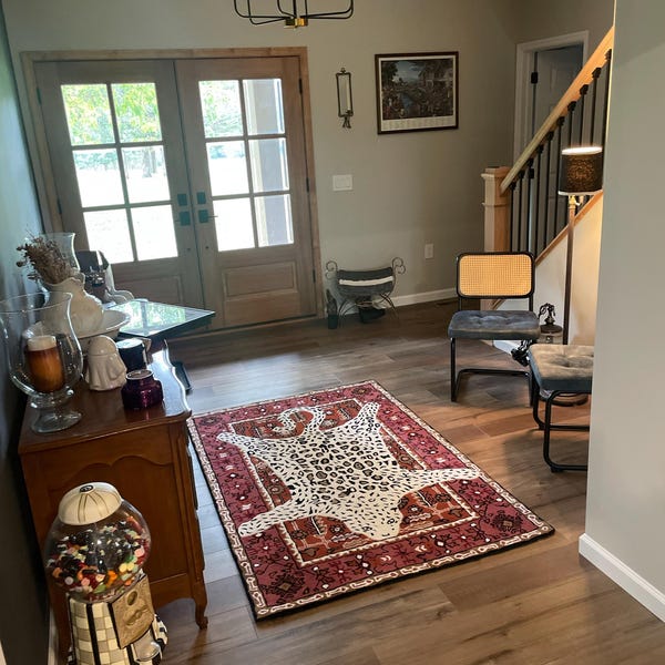 Leopard Pattern Rug Red & Blue Stunning Carpet Animal Print Rug for ...