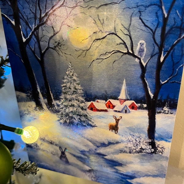 A Peaceful Snowy Night Art Print, Christmas Art, Winter Art, Snow Scene ...