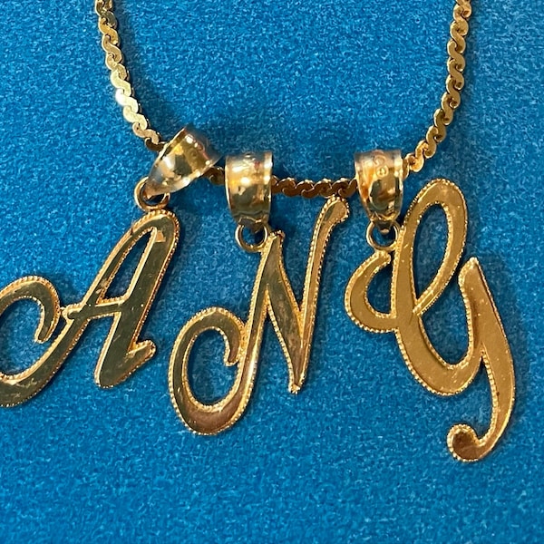 14k or 10k Solid Gold Cursive Initial Necklace, Cursive Initial Pendant ...