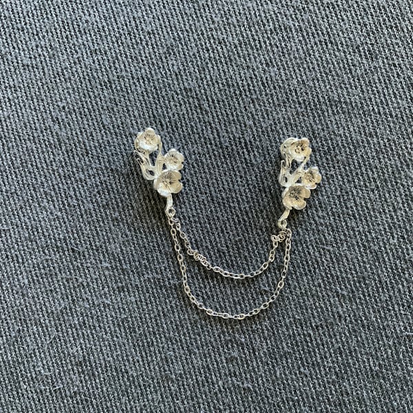 Silver Flower Collar Pin With Chain Floral Shirt Clips Simple Classic ...