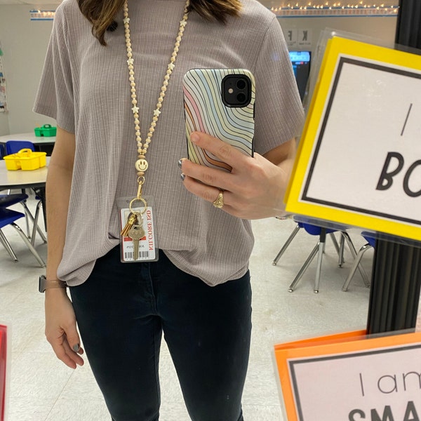 Happy + Stars Teacher Lanyard, Teacher Gift, Badge Necklace, Fun ...