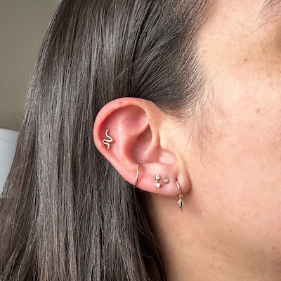 NEW Ultra Tiny Dangle Tragus Earring, 2mm CZ Dangle Cartilage Earring, 14K Solid Gold Flatback ...