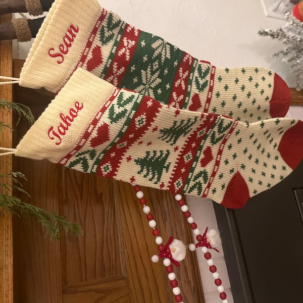 Personalized Knit Stocking, Embroidered Knit Stockings, Red Knit ...