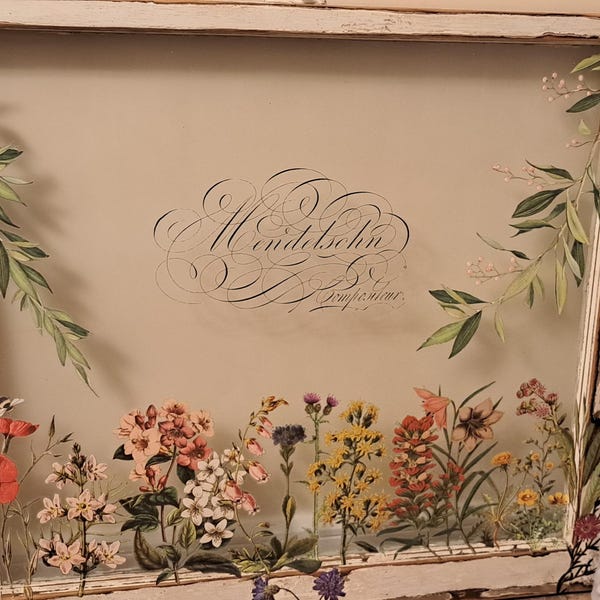 SOLD** Antique Glass Wood Window Hanging With Floral Transfers *vintage ...