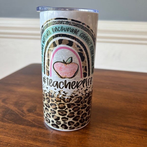20 Oz Skinny Tumbler Rainbow Leopard Glitter Teacher Tumbler Pencil ...