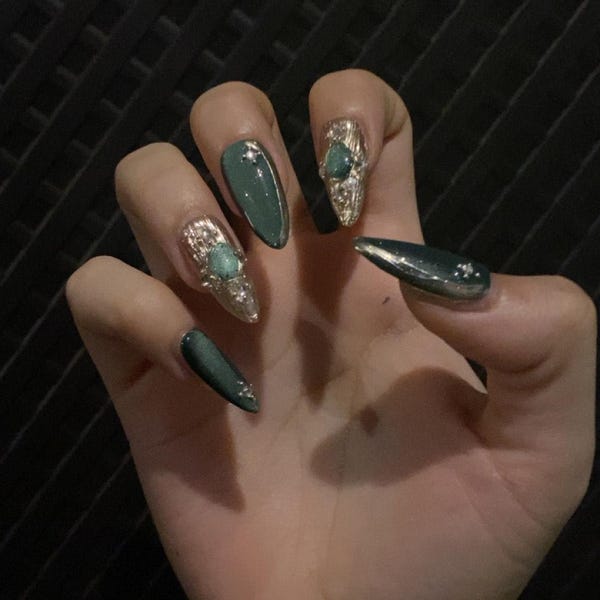 Green Cat Eye Press on Nails: Handmade Gem Nail Art - Etsy