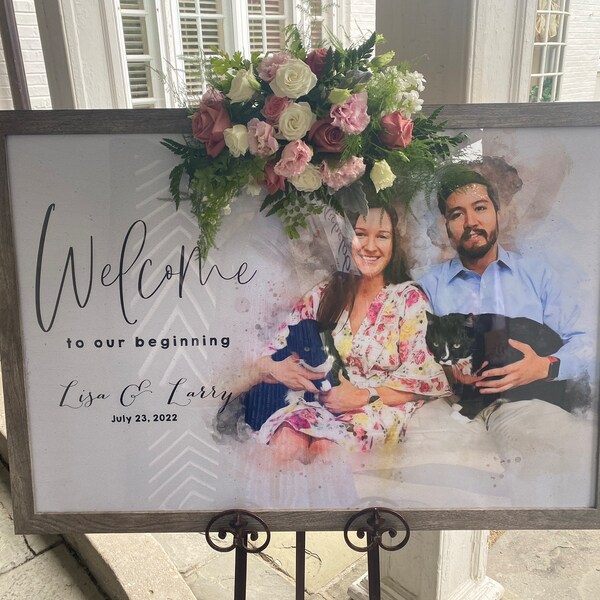 Wedding Welcome Sign Watercolour Couple Portrait,, Photo Wedding Sign ...