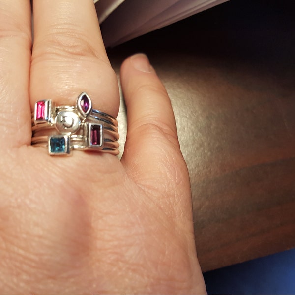 Stackable Sterling Silver Family Birthstone and Initial Ring Set ...