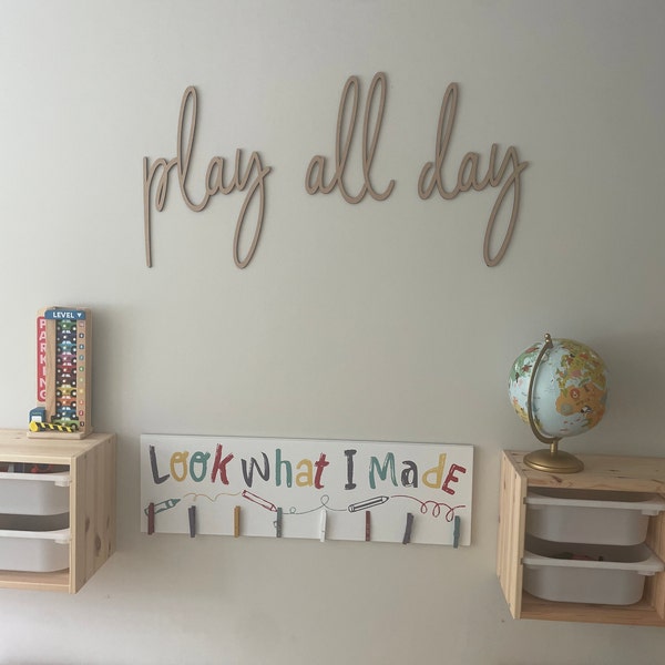 PLAY ALL DAY 80cm Playroom Sign Scribble Font - Wall Art - Home Decor ...