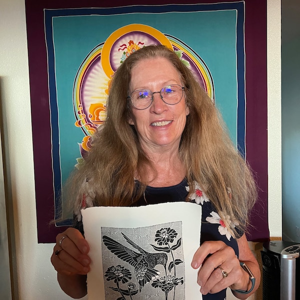 Hummingbird in the Zinnias Linocut in Black,hummingbird Linoprint,bird ...