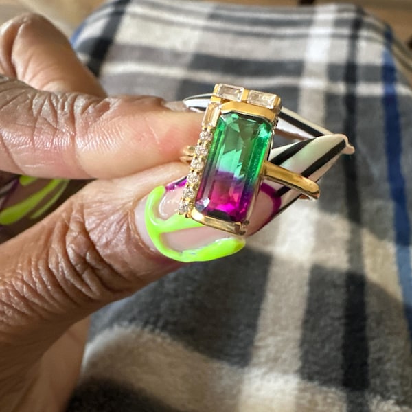 Watermelon Tourmaline Ring, Unique Engagement Ring, Bicolor Art Deco ...