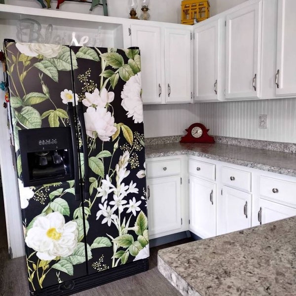 Refrigerator Wrap Vintage Floral, Retro Fridge Wrap Vinyl Side by Side ...