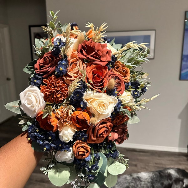 Cascade Mixed Fall Bridal Wedding Wedding Bouquets, Burnt Orange, Navy ...