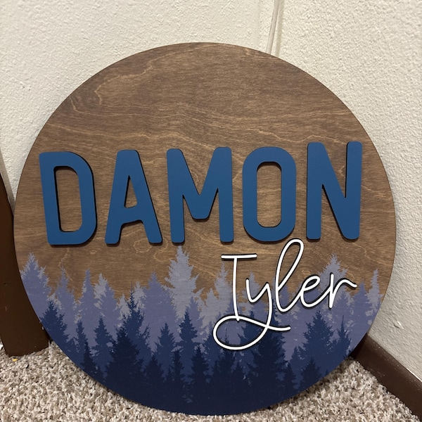 Round 3D Nursery Name Sign Pine Tree Pattern | 18-36 Inch Personalized ...