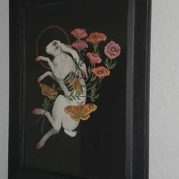 White Rabbit With Poppy Flowers- Giclee Print From Original Hand ...
