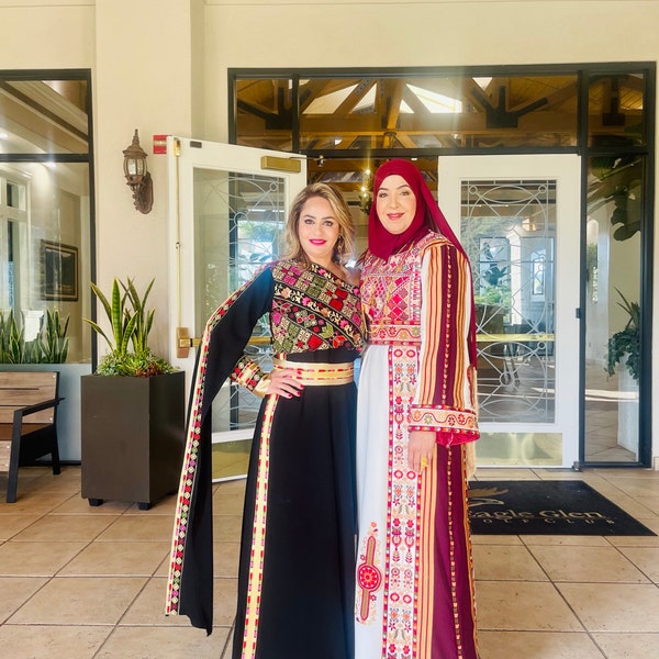 Palestinian Thobe Embroidered Maxi Dress Long Sleeves Kaftan ...