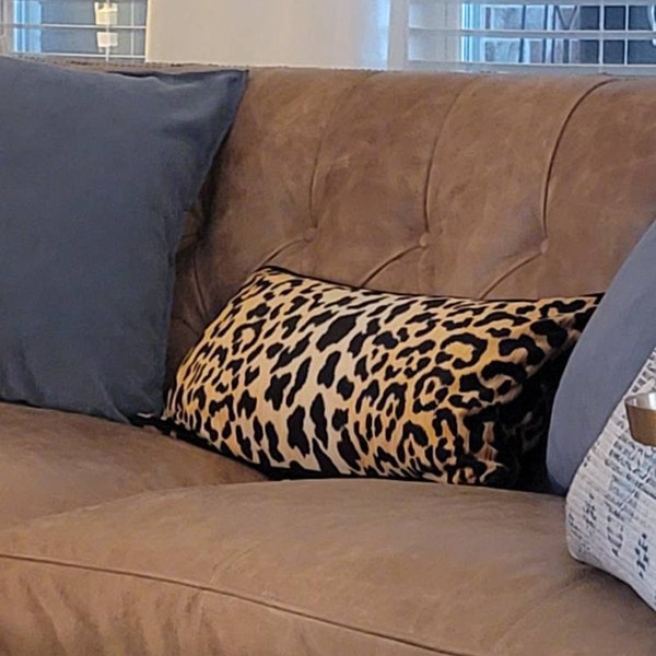 Leopard Velvet Lumbar Pillow – Designer Braemore Jamil Fabric, Black ...