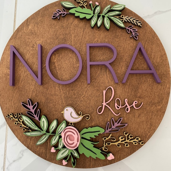 Floral Round Name Sign Round Name Sign Nursery Name Sign Custom Round ...