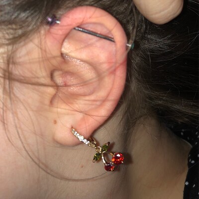 CHERRY BOMB Earrings Diamond Cherry Charm Earrings, Crystal Hoop Earrings, Dainty Dangle Drop ...