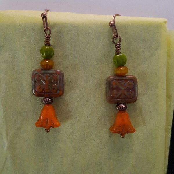 Earthy Green Teardrop Earrings - Rustic Woodland Czech Glass Beads ...