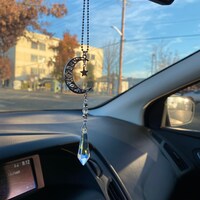 Crescent Moon and Star Crystal Suncatcher, Rearview Mirror Car Charm ...