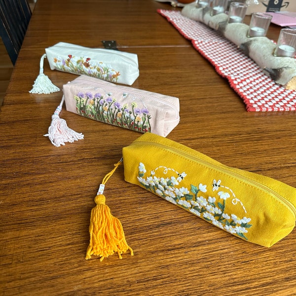 Hand Embroidered Pencil Case With Flower Embroidery, Pen Case, Floral ...